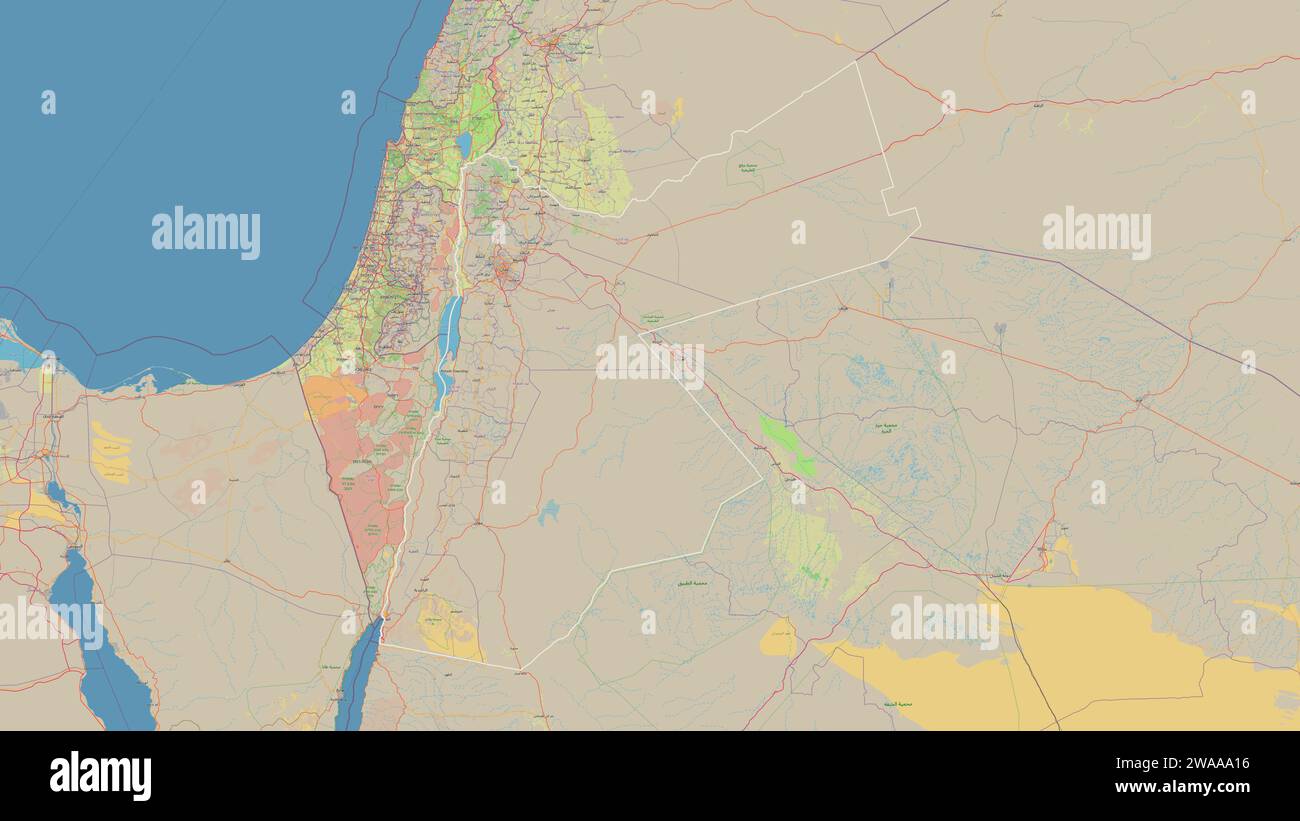 Jordan outlined on a topographic, OSM standard style map Stock Photo ...