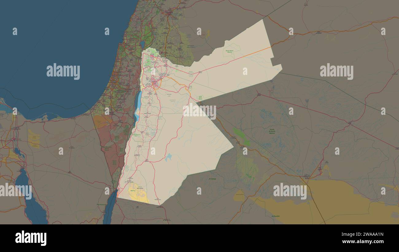 Jordan highlighted on a topographic, OSM Germany style map Stock Photo ...