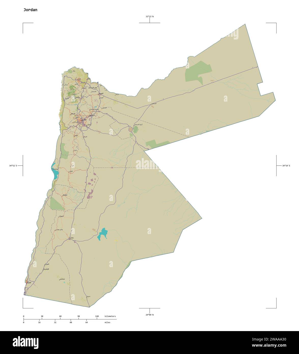 Shape of a topographic, OSM Humanitarian style map of the Jordan, with ...