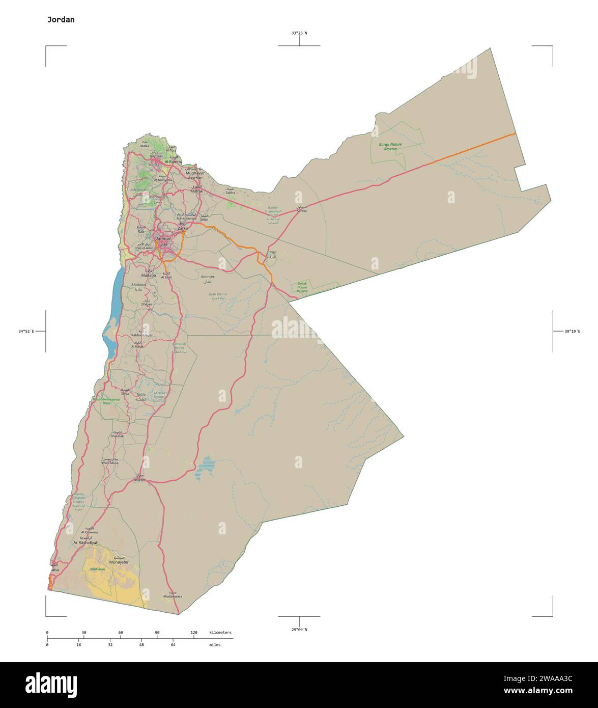 Shape of a topographic, OSM Germany style map of the Jordan, with ...
