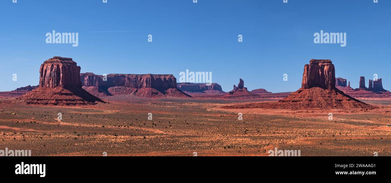 Panorama of Monument Valley, Utah, USA, with deep blue sky, stunning ...