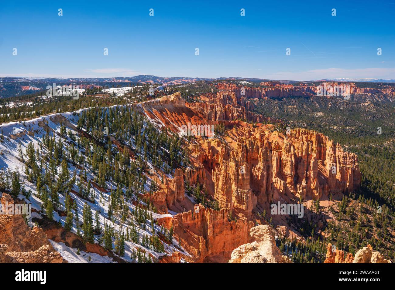 Panorama over Bryce Canyon from a high viewpoint, snow remaining on the ...