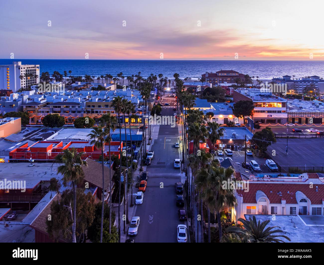 Aerial view of Santa Monica with Bay street going towards the ocean at ...
