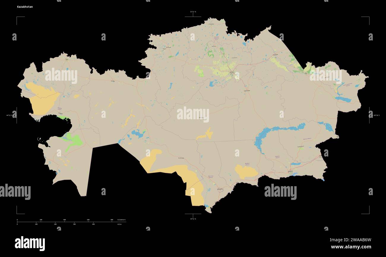 Shape of a topographic, OSM standard style map of the Kazakhstan, with ...