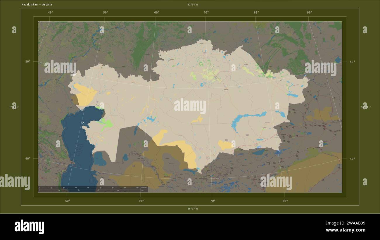 Kazakhstan highlighted on a topographic, OSM standard style map map with the country's capital ...