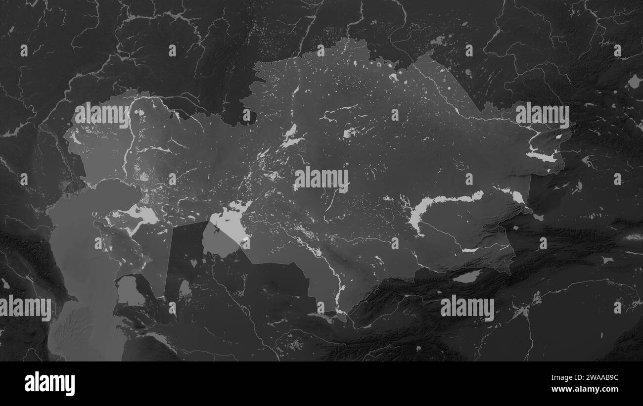 Kazakhstan highlighted on a Grayscale elevation map with lakes and ...
