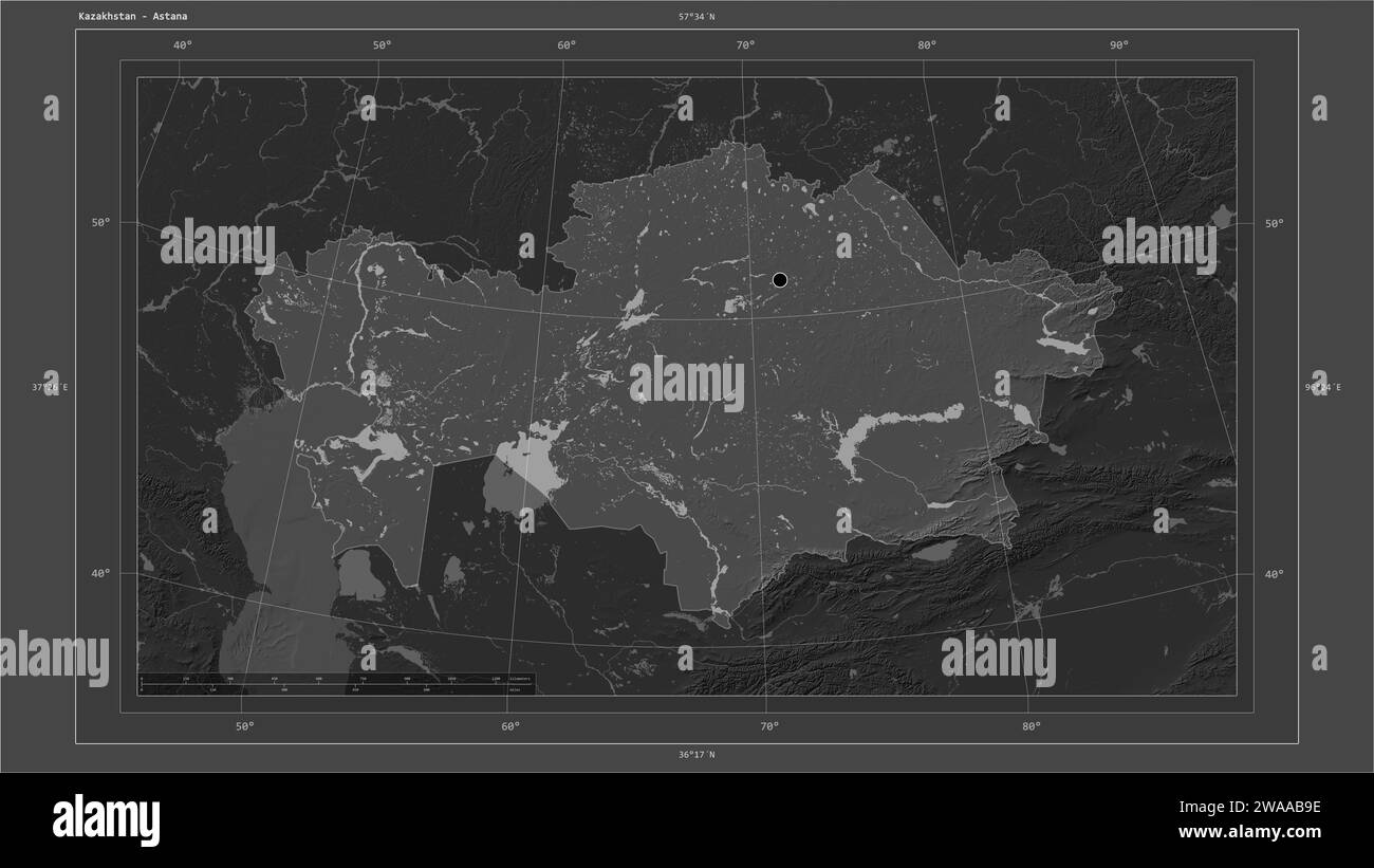 Kazakhstan highlighted on a Bilevel elevation map with lakes and rivers ...