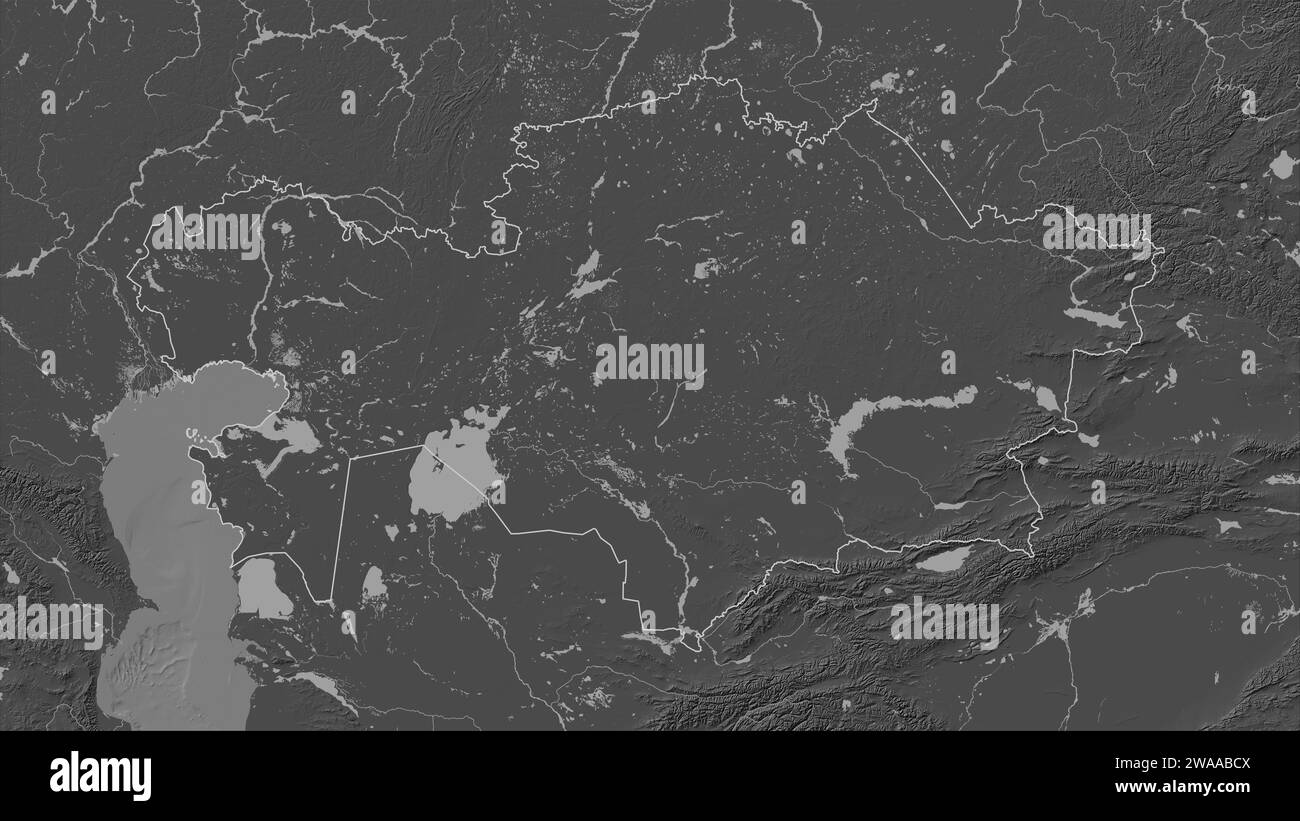 Kazakhstan outlined on a Bilevel elevation map with lakes and rivers ...
