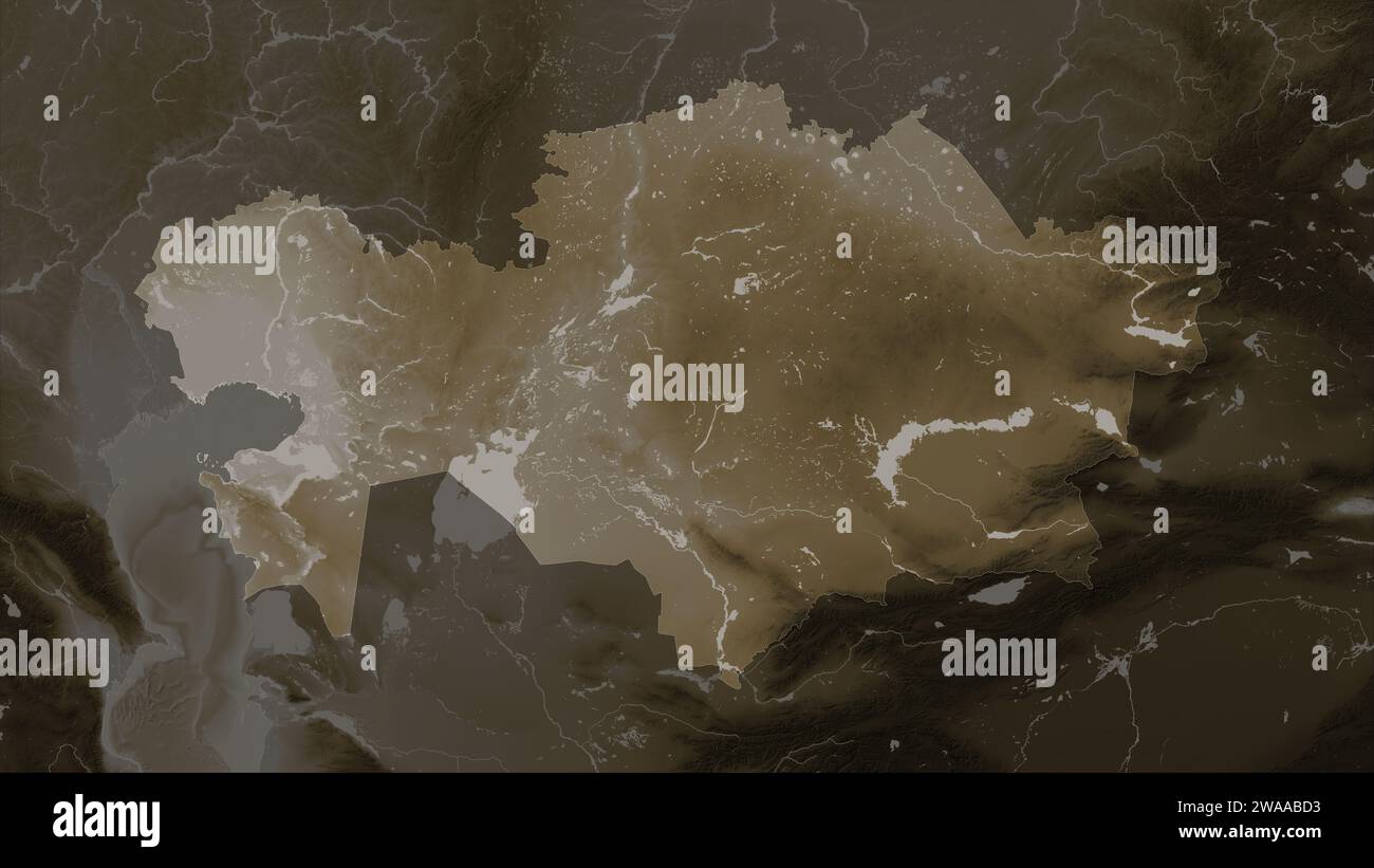 Kazakhstan highlighted on a elevation map colored in sepia tones with ...