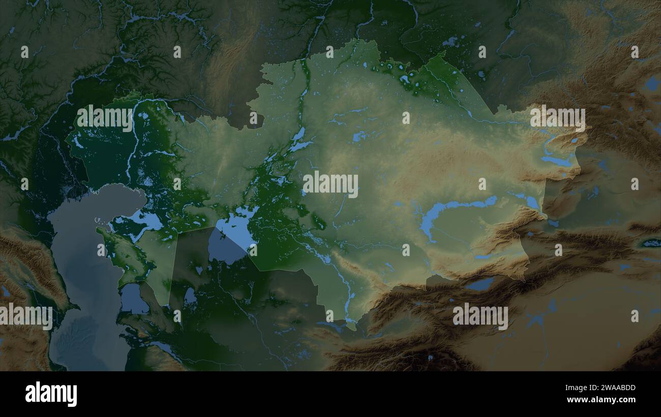 Kazakhstan highlighted on a Colored elevation map with lakes and rivers ...