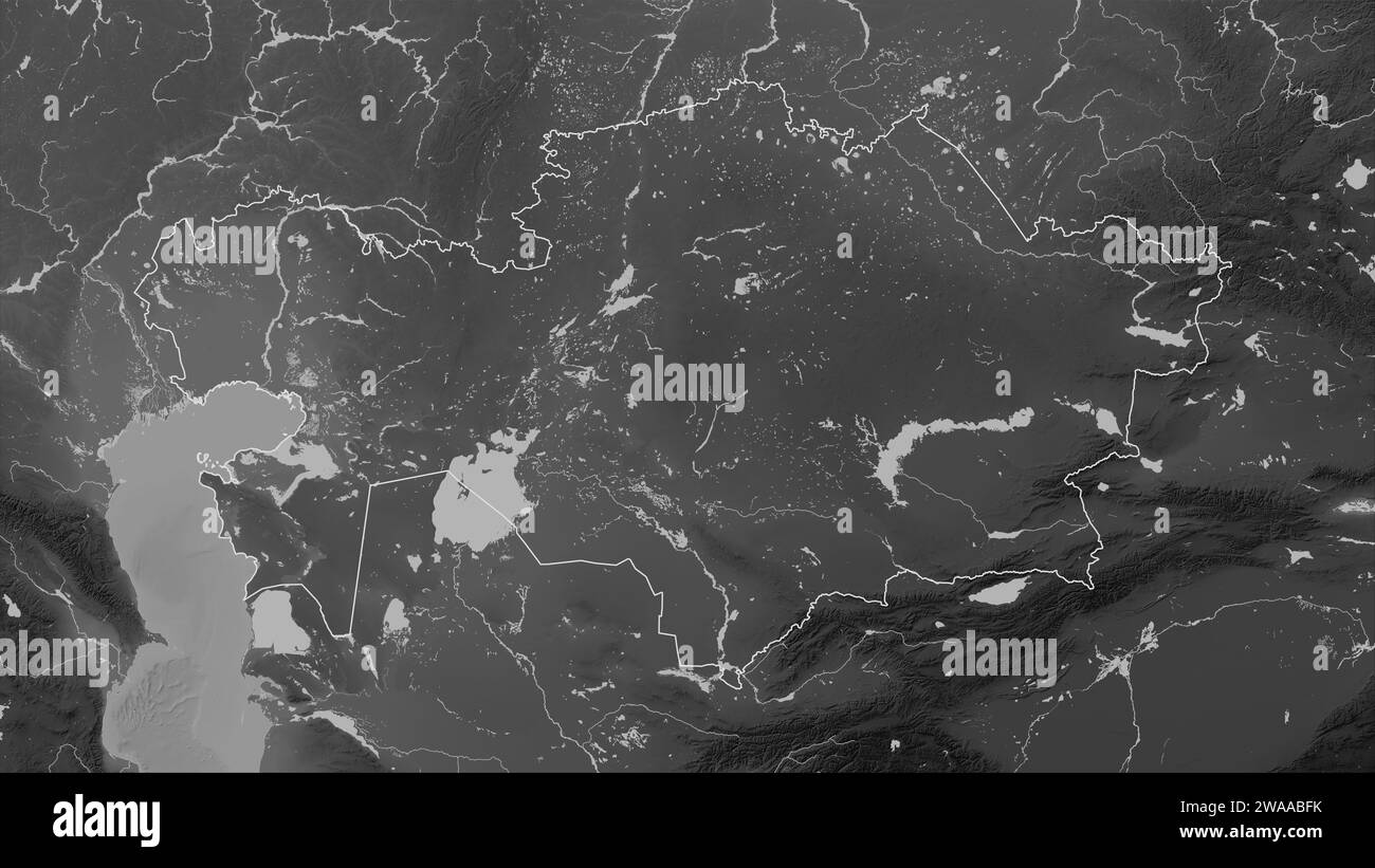 Kazakhstan outlined on a Grayscale elevation map with lakes and rivers ...