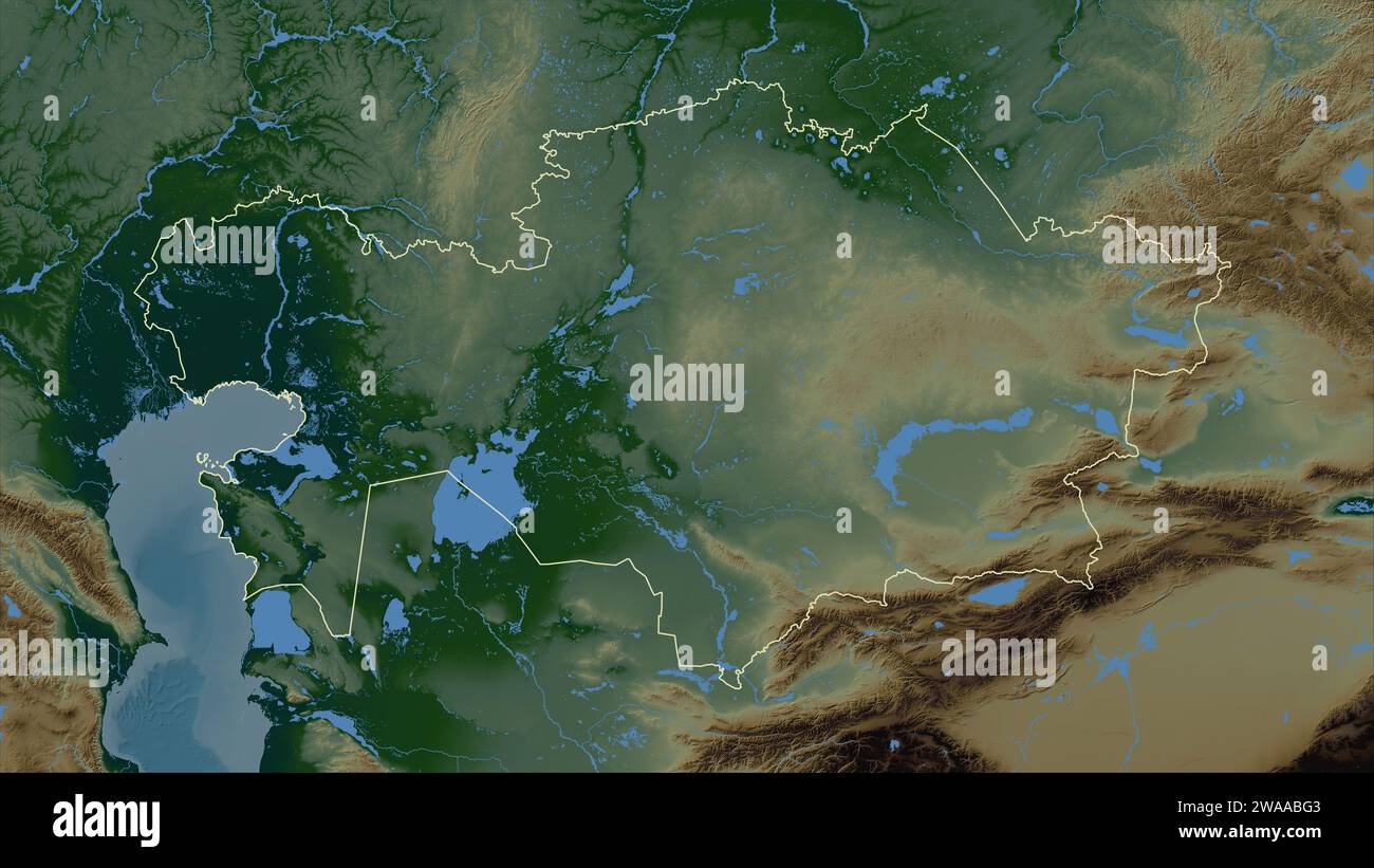 Kazakhstan outlined on a Colored elevation map with lakes and rivers ...