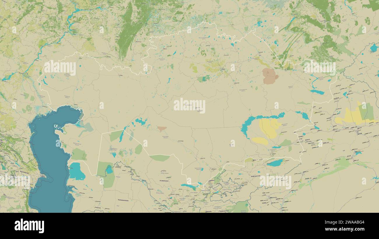 Kazakhstan outlined on a topographic, OSM Humanitarian style map Stock ...