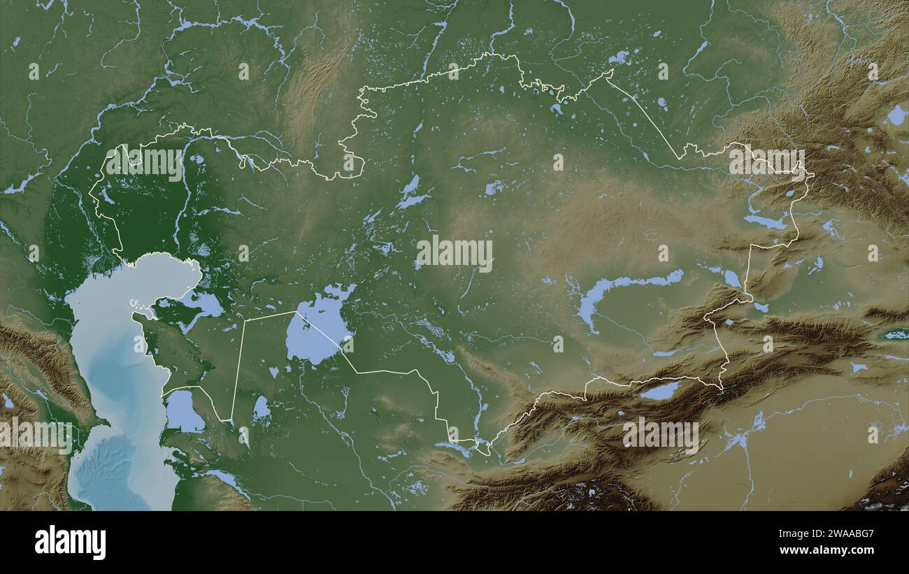 Kazakhstan outlined on a Pale colored elevation map with lakes and ...