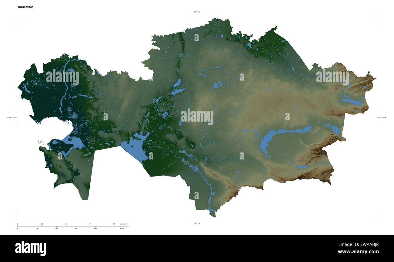 Shape of a Colored elevation map with lakes and rivers of the Kazakhstan, with distance scale ...