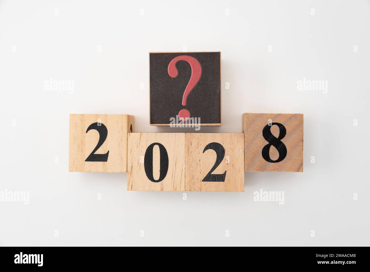 Number 2028 and question mark written on wooden blocks isolated on ...
