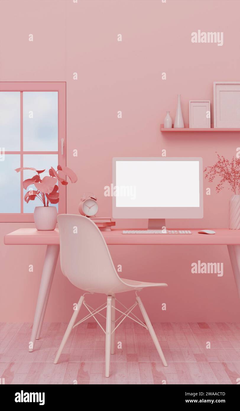 Pink room interior with mock up computer PC with blank white screen. 3d ...
