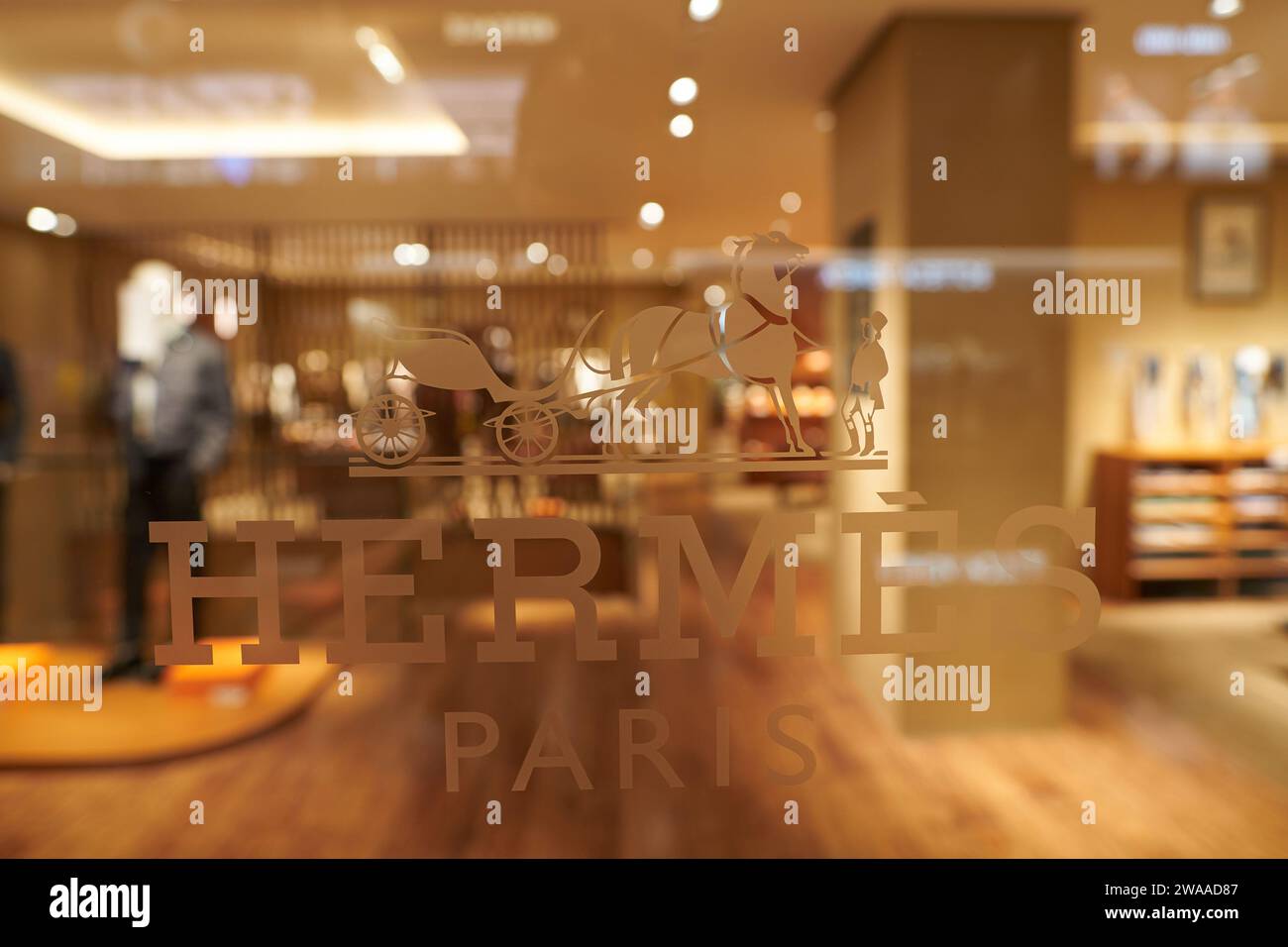 SINGAPORE - NOVEMBER 05, 2023: close up shot of Hermes sign as seen at ...
