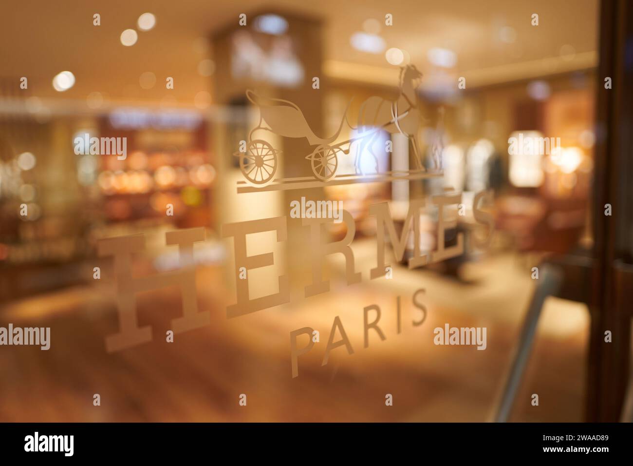 SINGAPORE - NOVEMBER 05, 2023: close up shot of Hermes sign as seen at ...