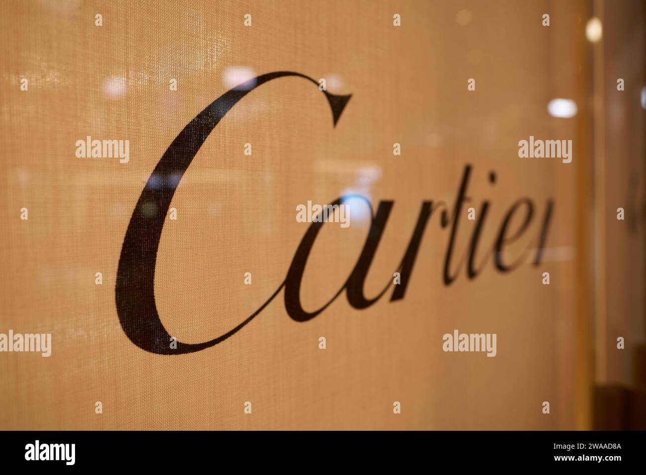 SINGAPORE - NOVEMBER 05, 2023: close up shot of Cartier sign as seen in ...