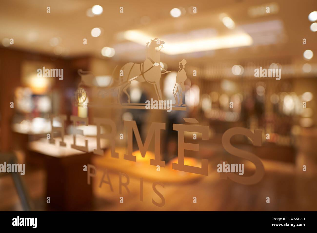 SINGAPORE - NOVEMBER 05, 2023: close up shot of Hermes sign as seen at ...