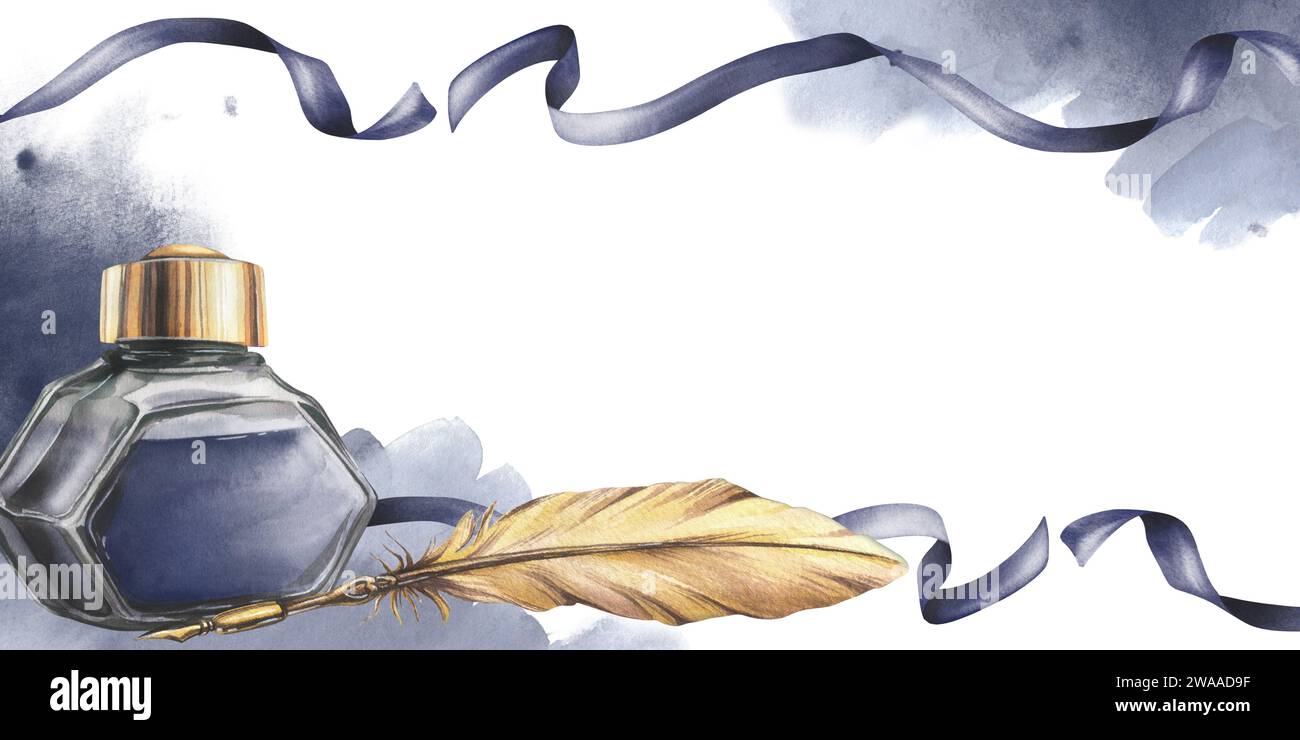 Inkwell with blue ink with gold writing pen, ribbons, stains and ...