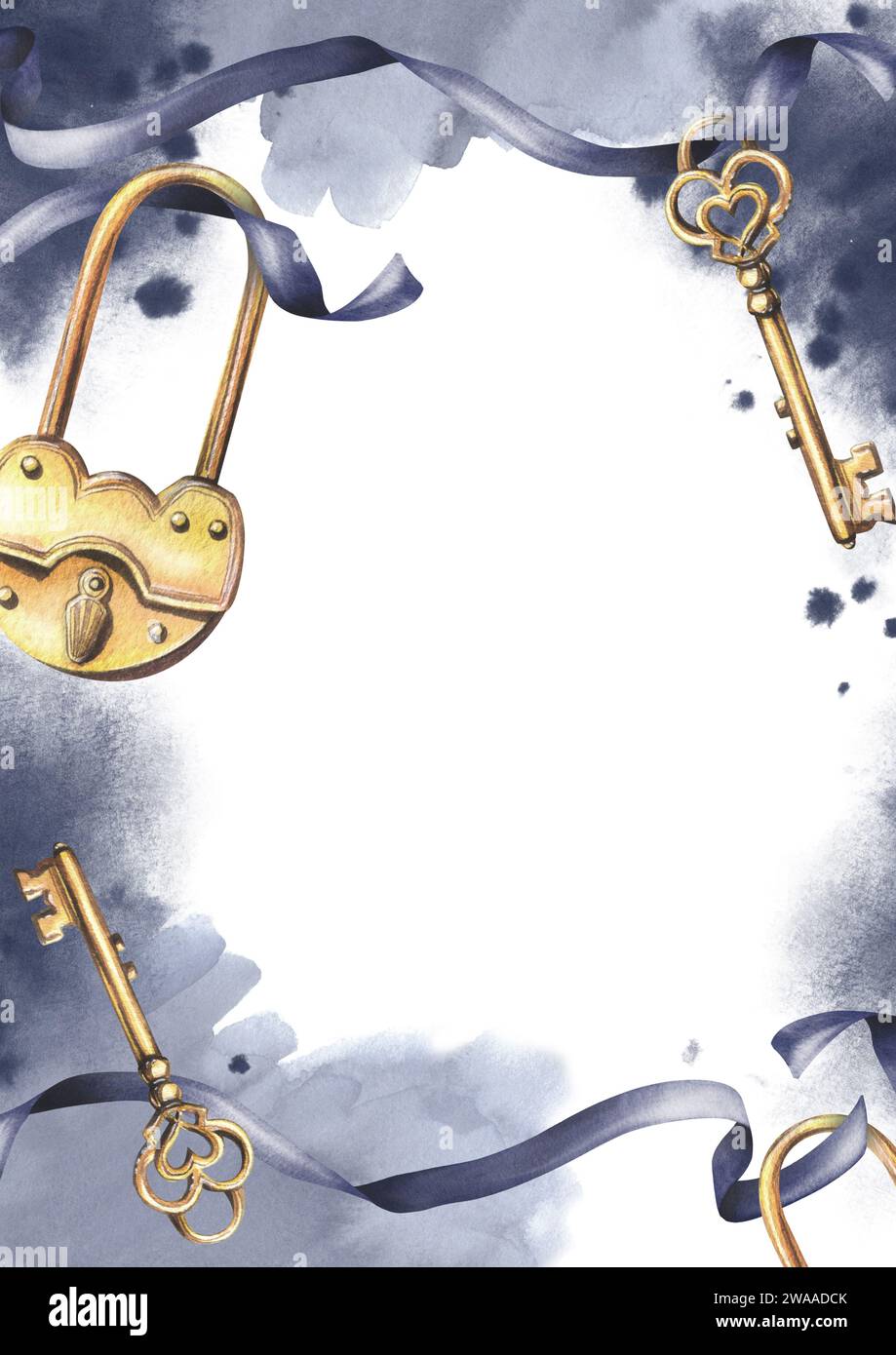 Golden locks with keys, ribbons, stains and splashes. Hand drawn ...