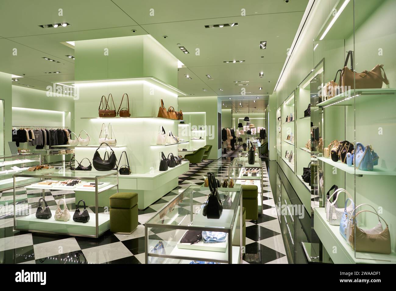 SINGAPORE - NOVEMBER 05, 2023: goods displayed inside Prada store in ...