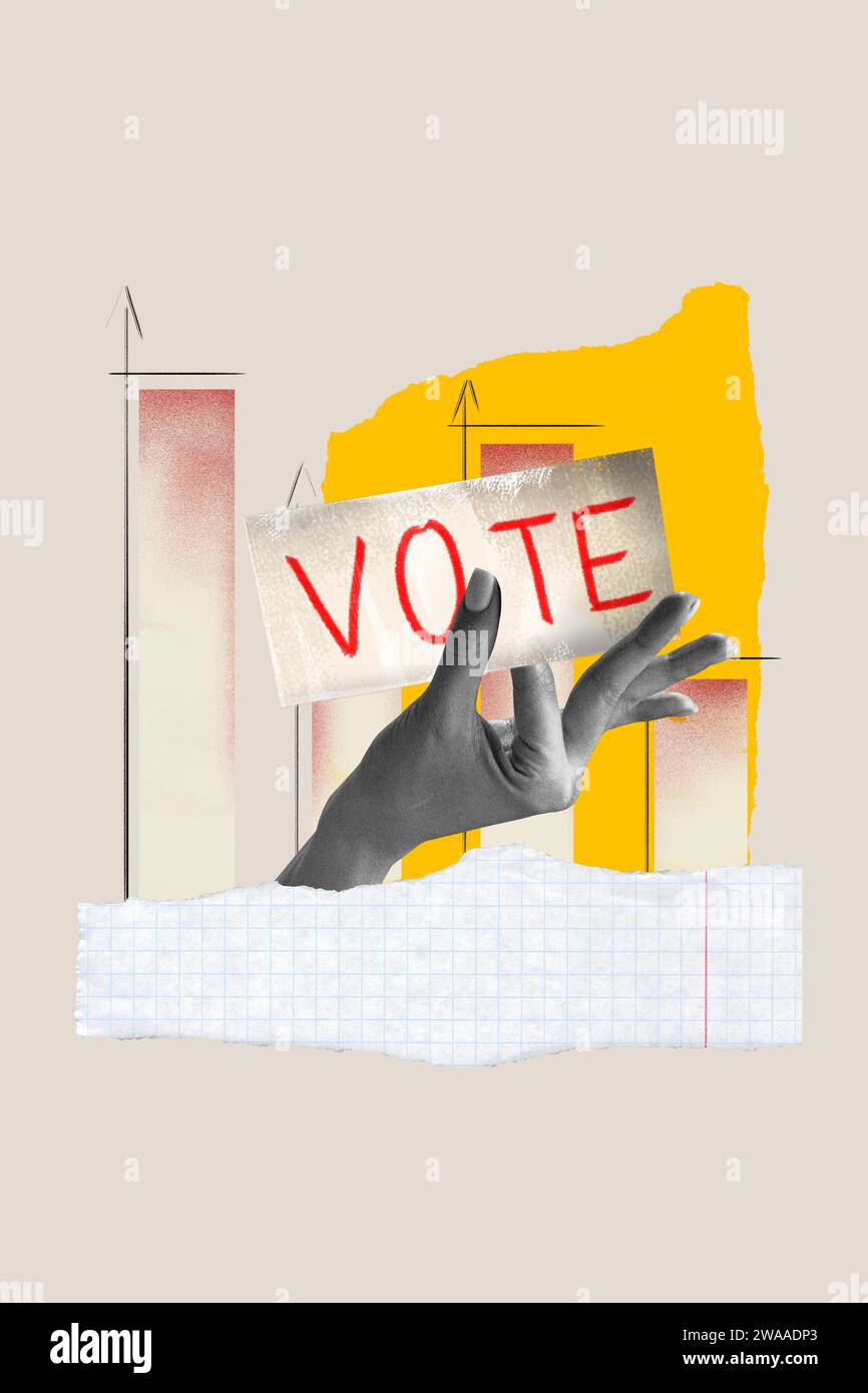 Female hand holding vote ballot over bar charts. Choosing candidate ...