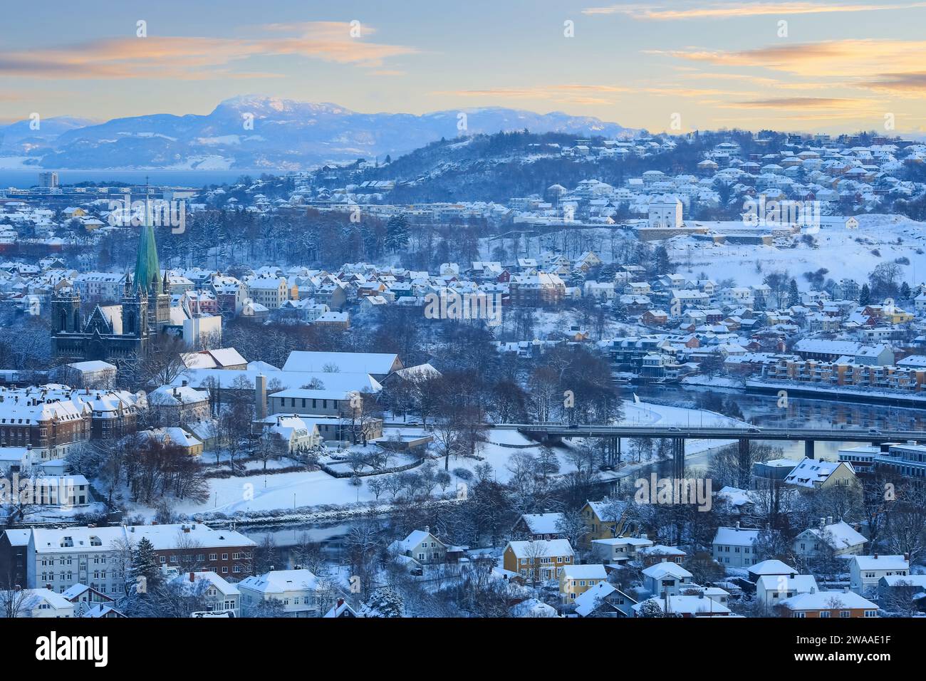Winter in Trondheim, aerial view of the cathedral Nidarosdomen and ...