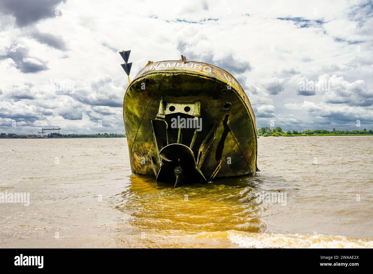 View of the Falkensteiner Ufer and the shipwreck MS Uwe. Historical ...