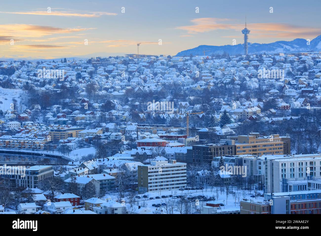 Winter in Trondheim, aerial view of the Trondheim residential district ...