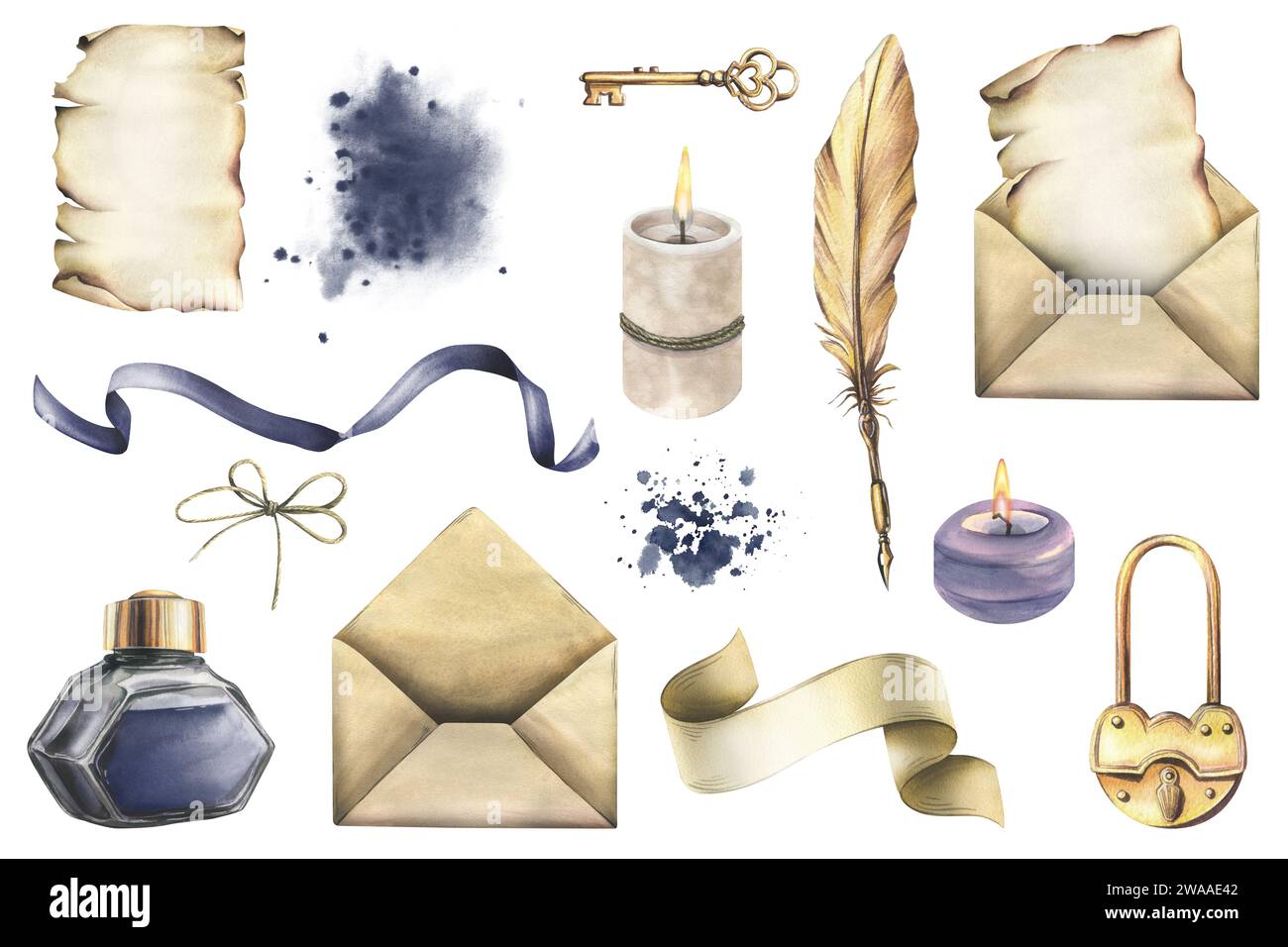 Writing supplies: papyrus paper, craft envelope, gold pen, ink in a ...