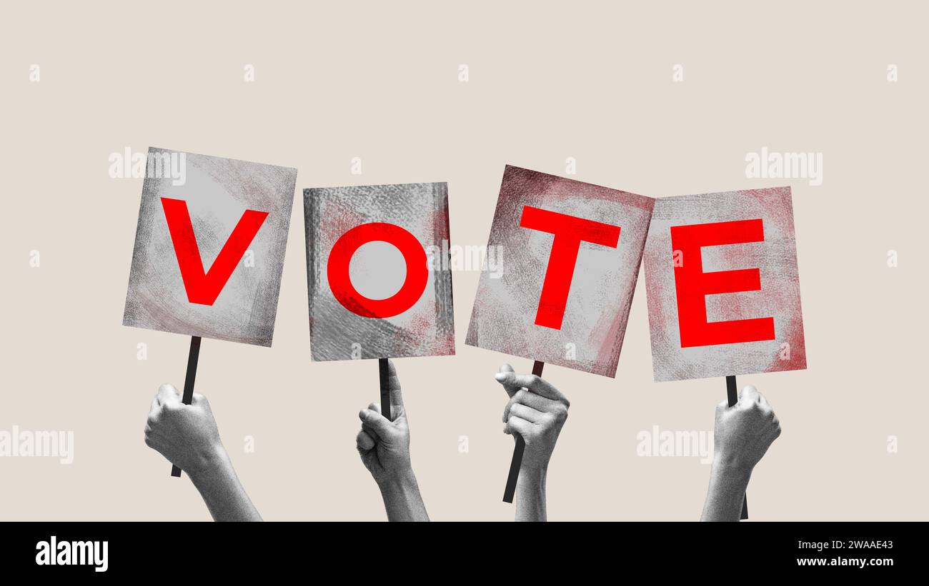 Human hands raising tablets and making word - vote over light ...