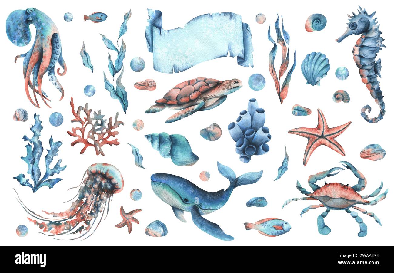 Underwater world clipart with sea animals whale, turtle, octopus ...