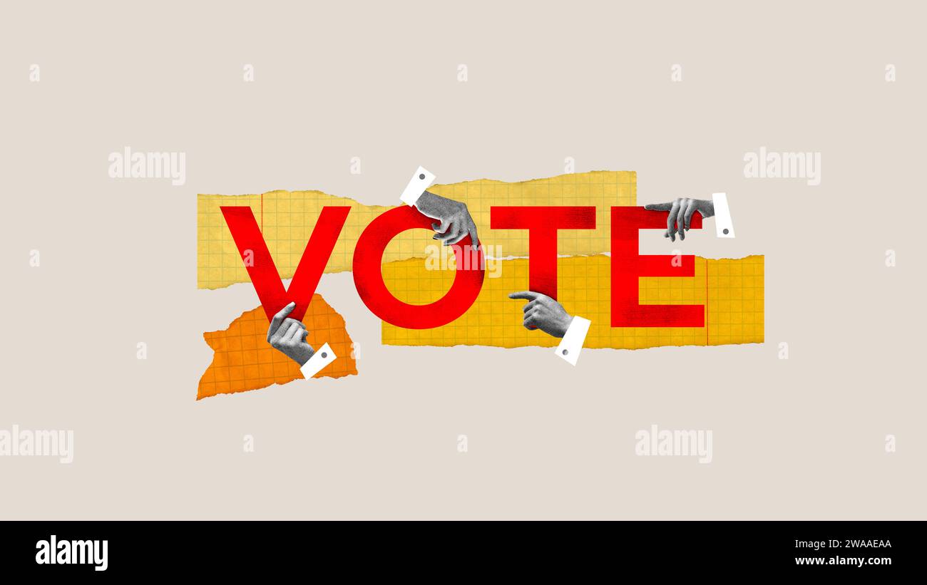 Human hands holding word of vote. Grainy effect. Voting process ...