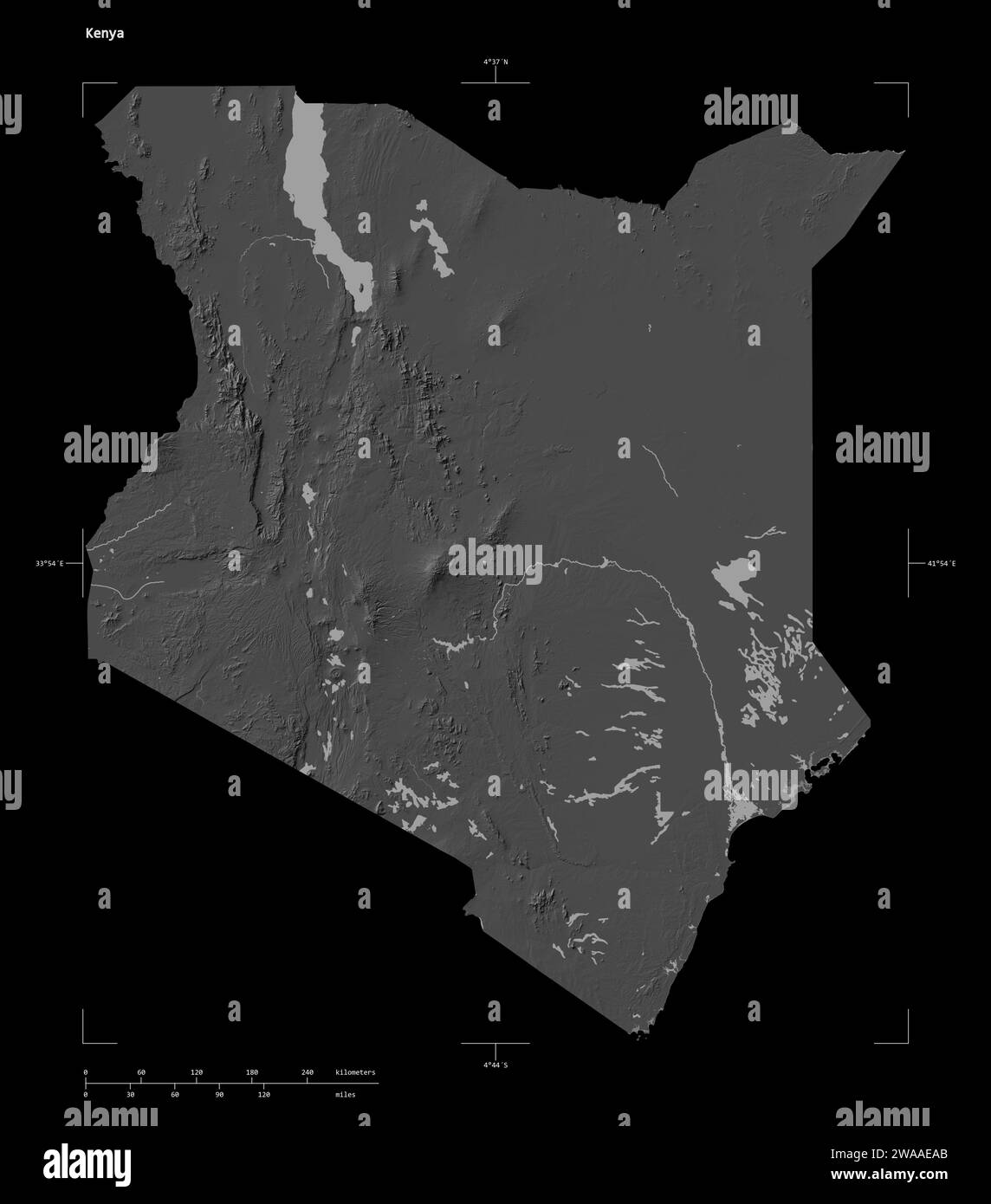 Shape of a Bilevel elevation map with lakes and rivers of the Kenya ...