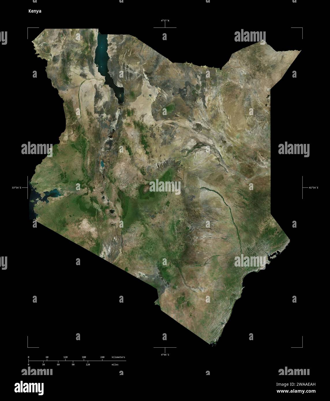 Shape of a high resolution satellite map of the Kenya, with distance ...