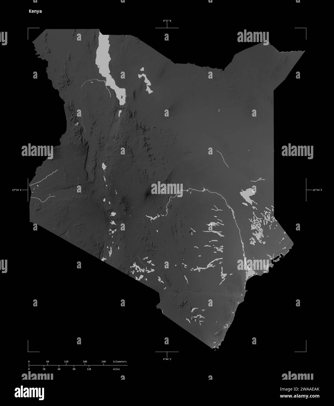 Shape of a Grayscale elevation map with lakes and rivers of the Kenya ...