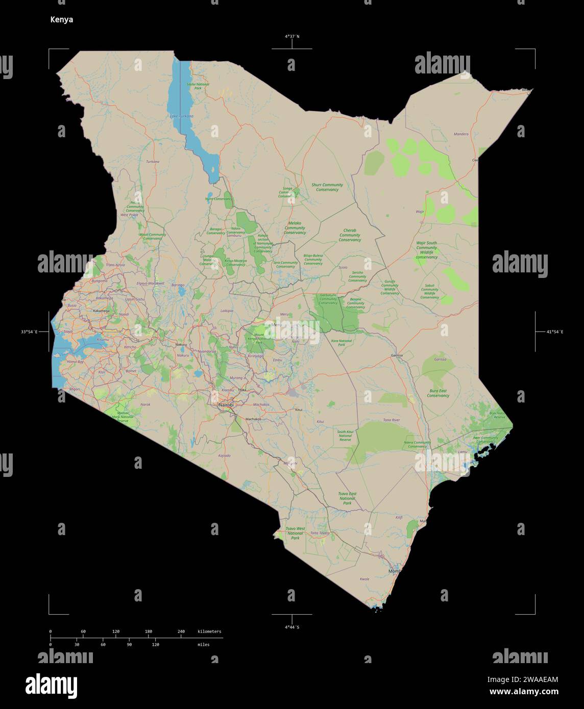 Shape of a topographic, OSM standard style map of the Kenya, with ...