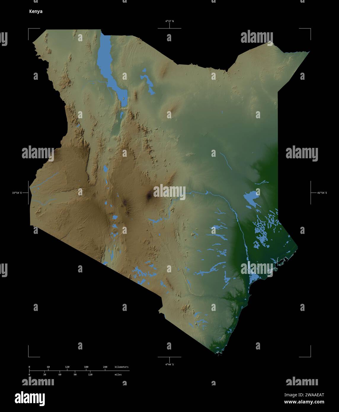 Shape of a Colored elevation map with lakes and rivers of the Kenya ...