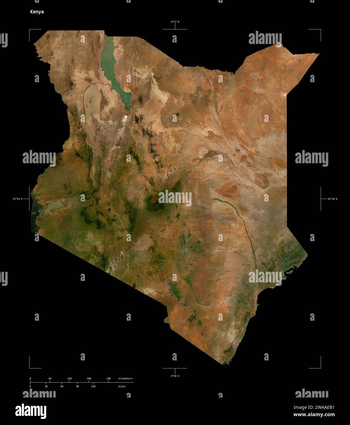 Shape of a low resolution satellite map of the Kenya, with distance ...