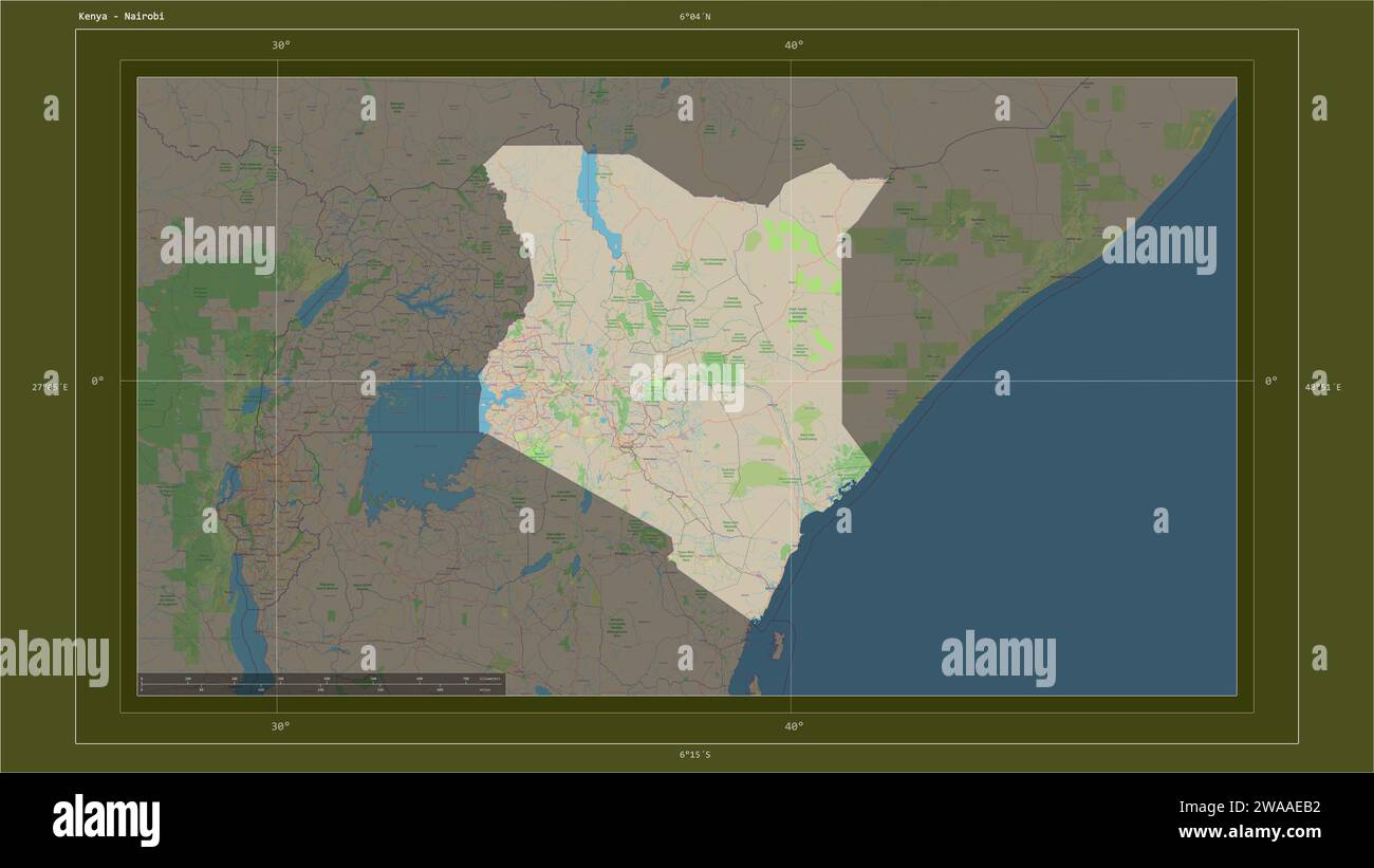 Kenya highlighted on a topographic, OSM standard style map map with the ...