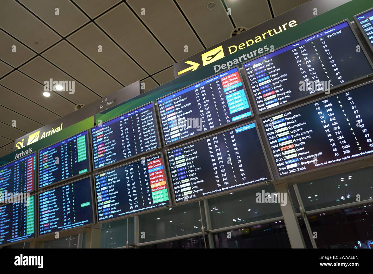 SINGAPORE - NOVEMBER 06, 2023: digital flight information display ...