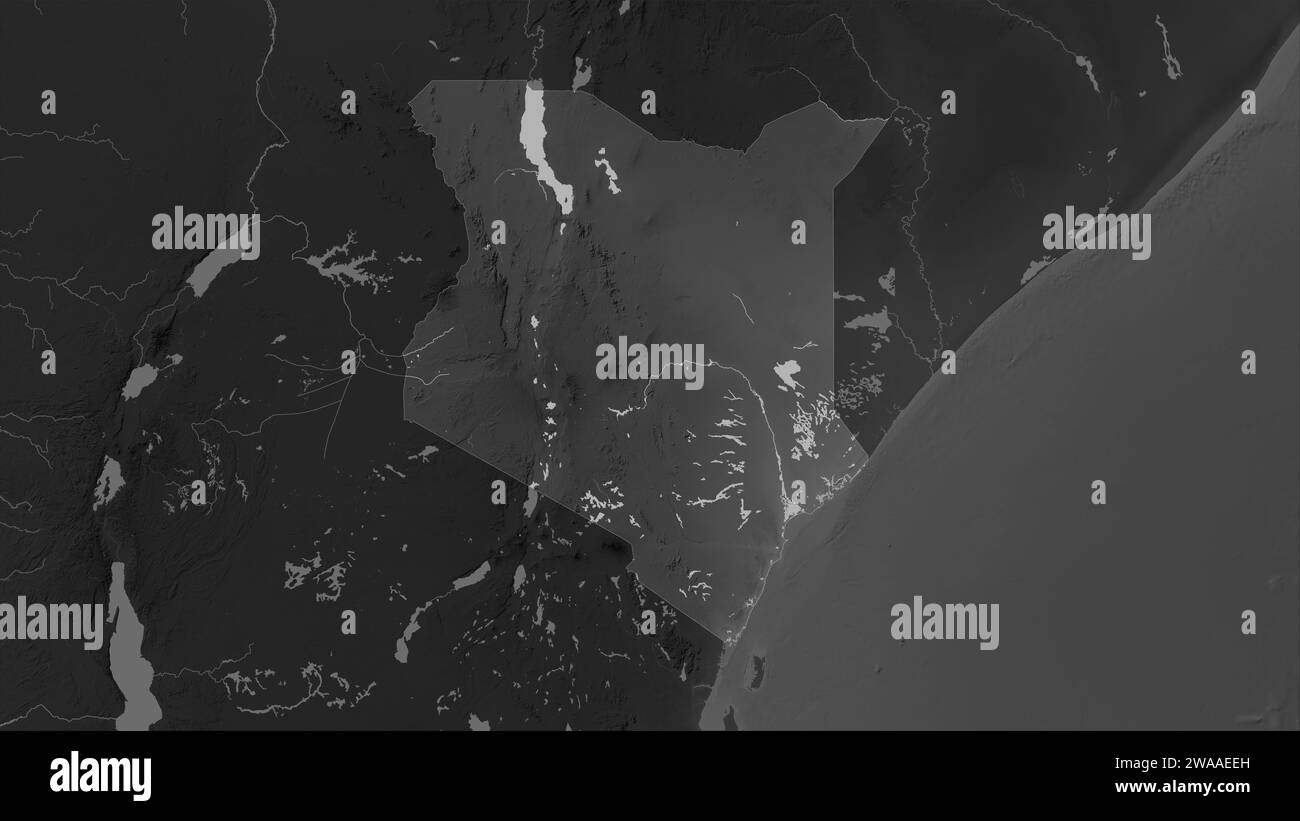 Kenya highlighted on a Grayscale elevation map with lakes and rivers ...