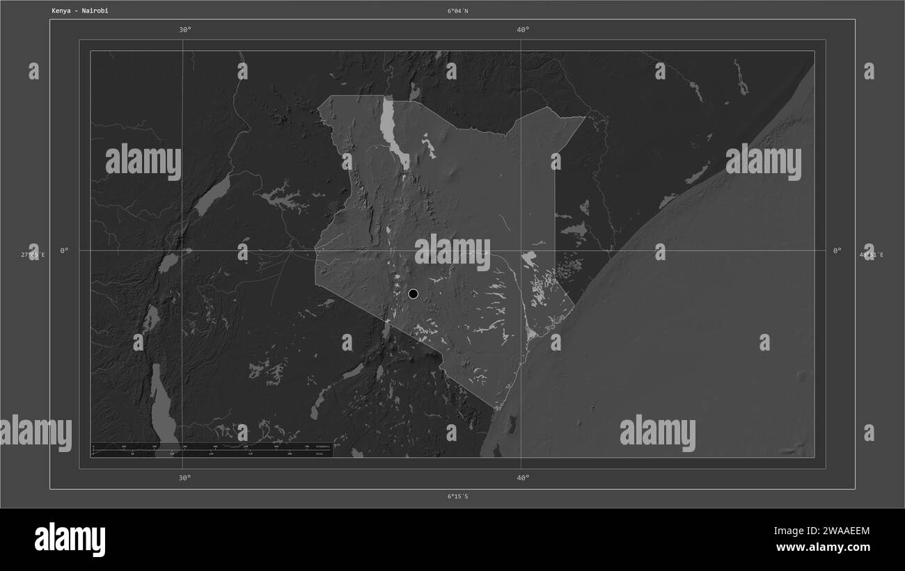 Kenya highlighted on a Bilevel elevation map with lakes and rivers map ...