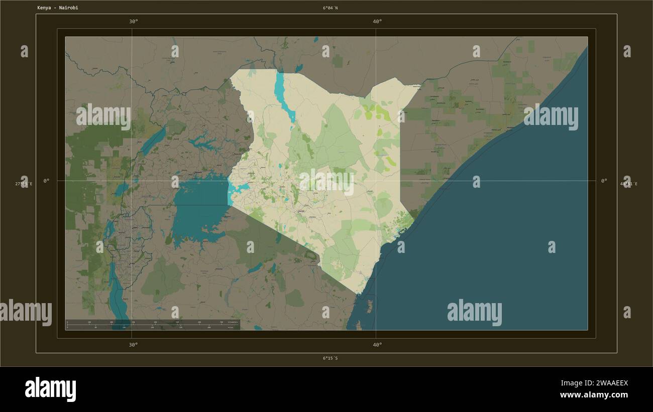 Kenya highlighted on a topographic, OSM Humanitarian style map map with ...