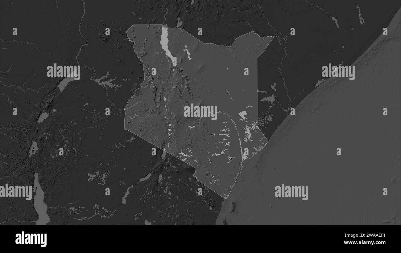 Kenya highlighted on a Bilevel elevation map with lakes and rivers ...