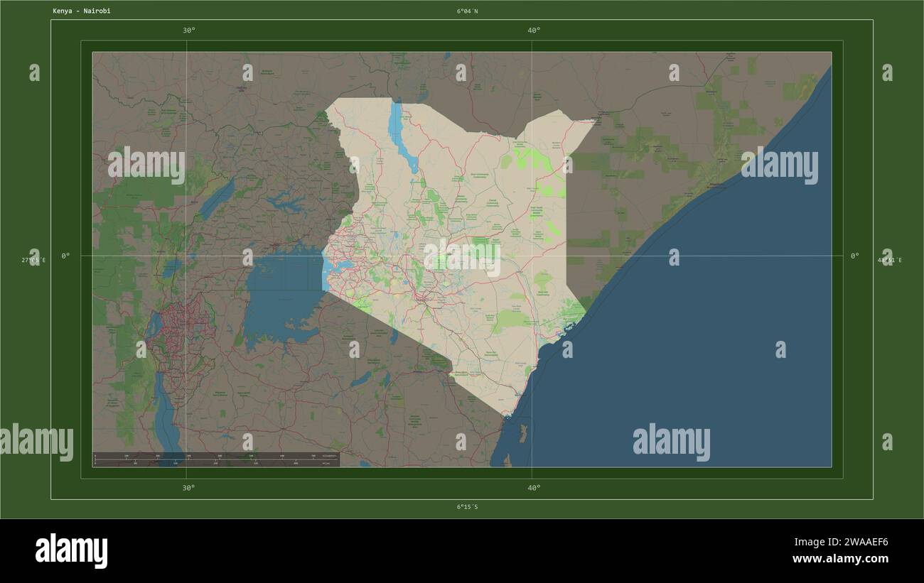 Kenya highlighted on a topographic, OSM Germany style map map with the country's capital point ...