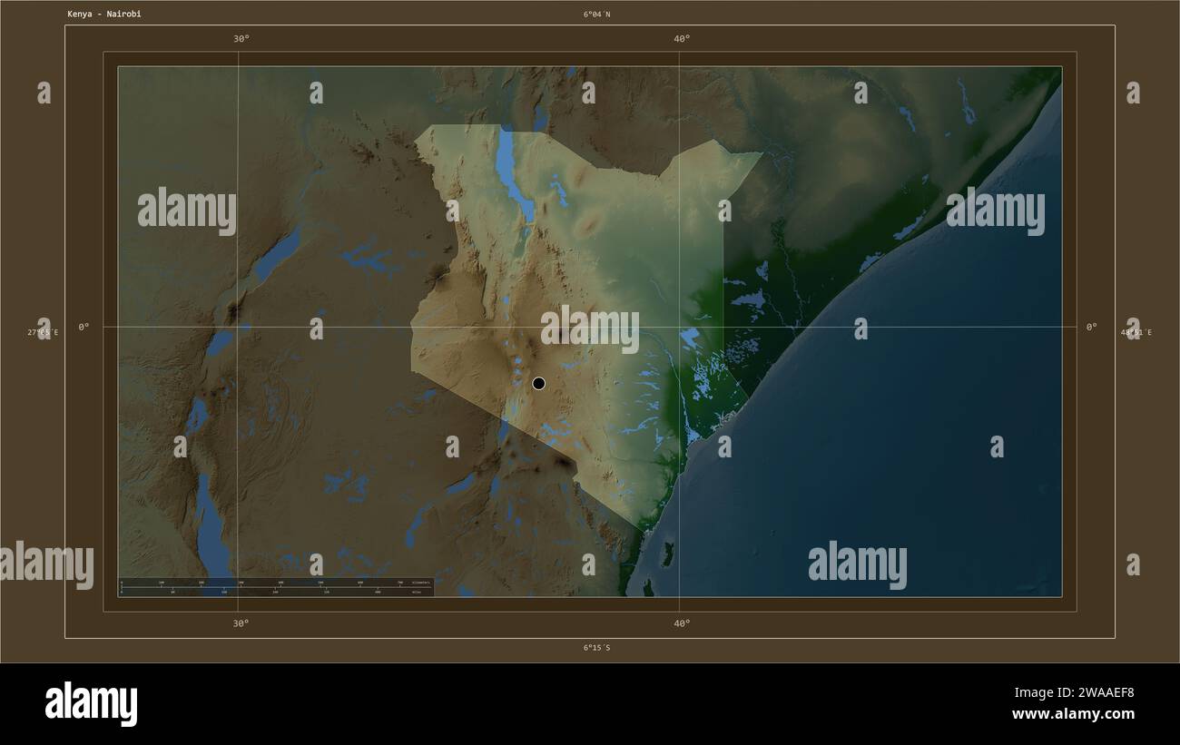 Kenya highlighted on a Colored elevation map with lakes and rivers map ...